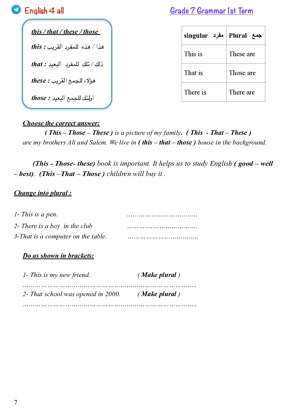 مذكرة قواعد انجليزي سابع متوسط ف1 مدرستي